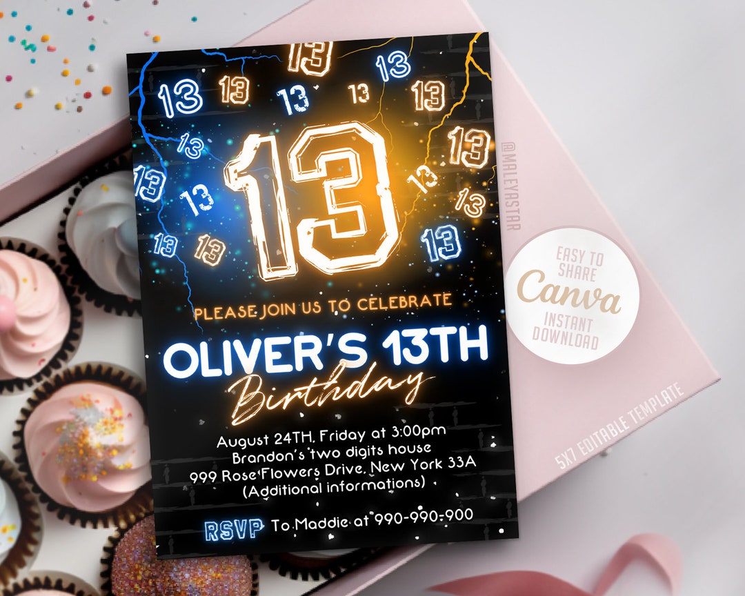 13th Birthday Invitation, 13th Invitation, Birthday Invitations for ...