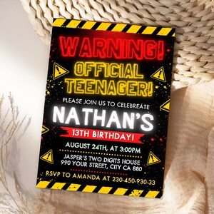 Warning Birthday Invitation, Boy Birthday Invitation, Warning Official ...