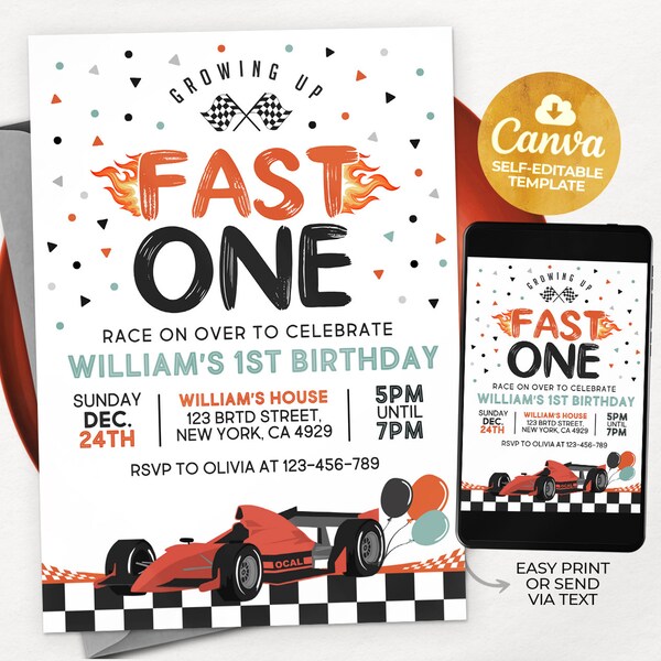 Fast One 1st Birthday Invitation, Race Car Birthday Invitation, Racing ...