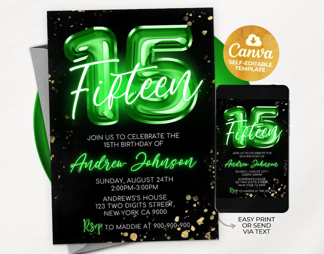15th Birthday Invitation Template, Editable Green Fifteen Boy Birthday ...