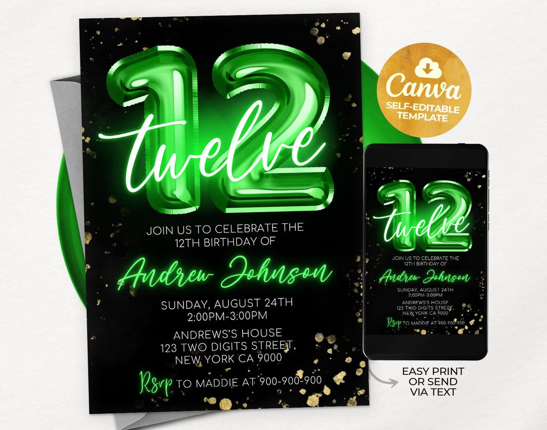12th Birthday Invitation Template, Editable Green Twelve Boy Birthday ...