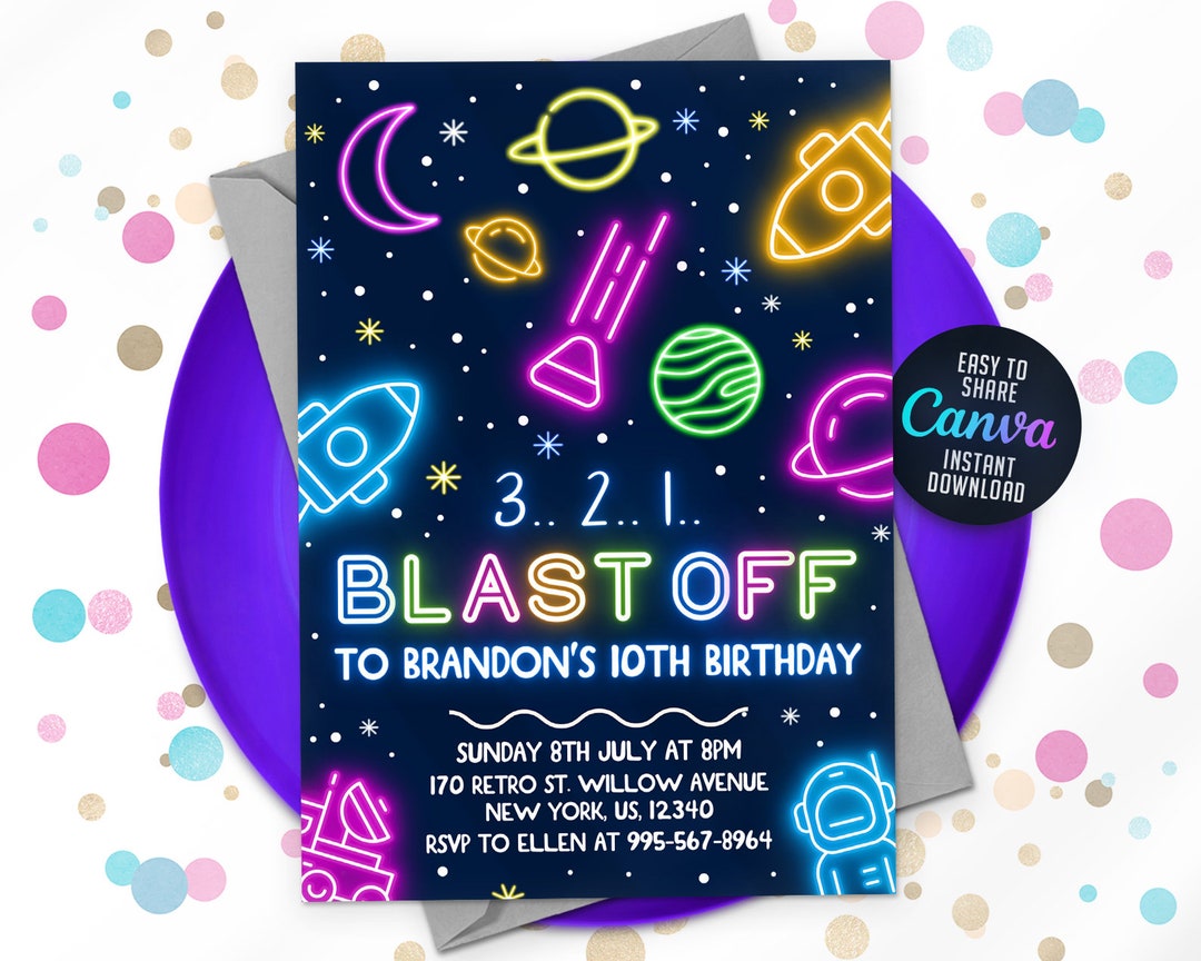 EDITABLE Neon Space Boy Birthday Party Invitation, Galaxy Party ...