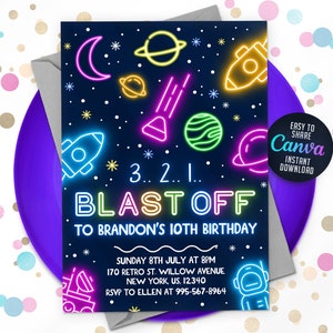 EDITABLE Neon Space Boy Birthday Party Invitation, Galaxy Party ...
