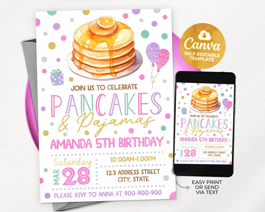 Editable Pancakes and Pajamas Invitation, Pancake Invitation, Pancakes ...