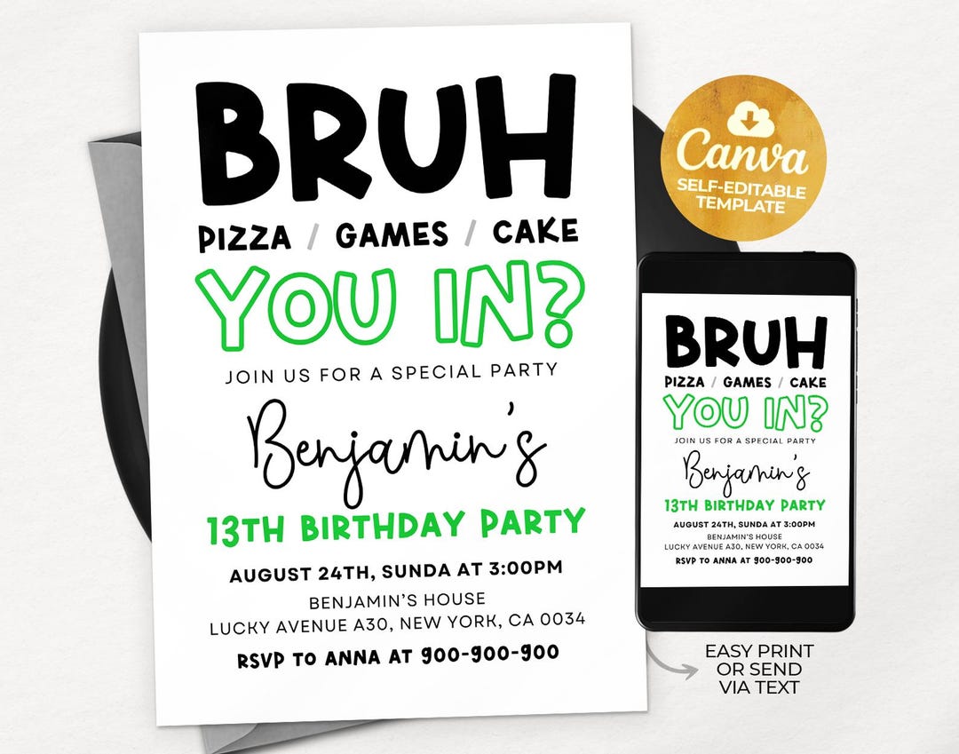 Editable Bruh Birthday Invitation, Boy Birthday Invitation, Teenager ...