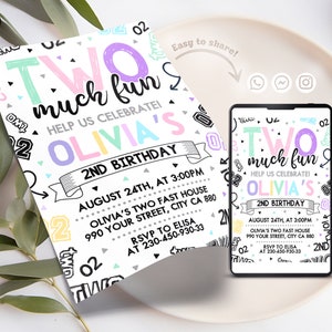 Editable TWO MUCH FUN Birthday Invitation, 2nd Birthday Invitation ...