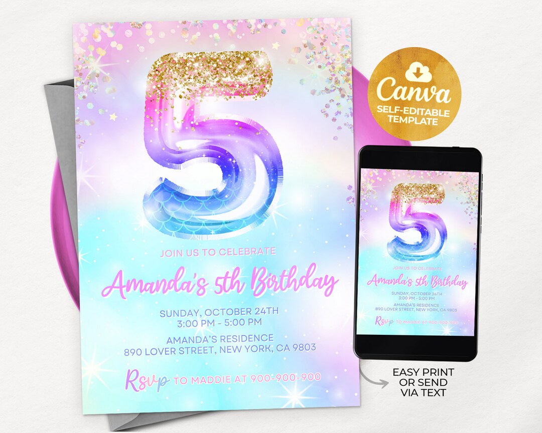 Girl 5th Birthday Invitation, Confetti Glitter Rainbow Foil Birthday ...