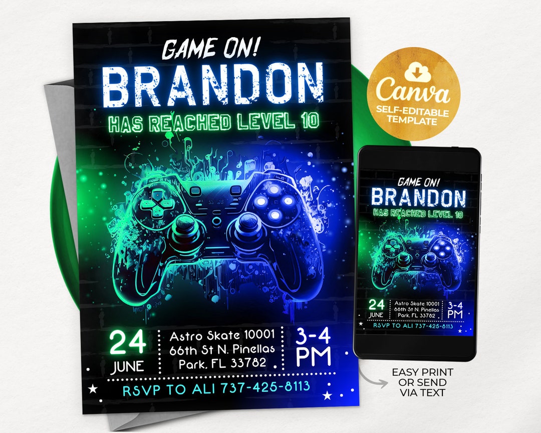 Video Game Birthday Invitation Template, Video Game Invitation, Neon ...