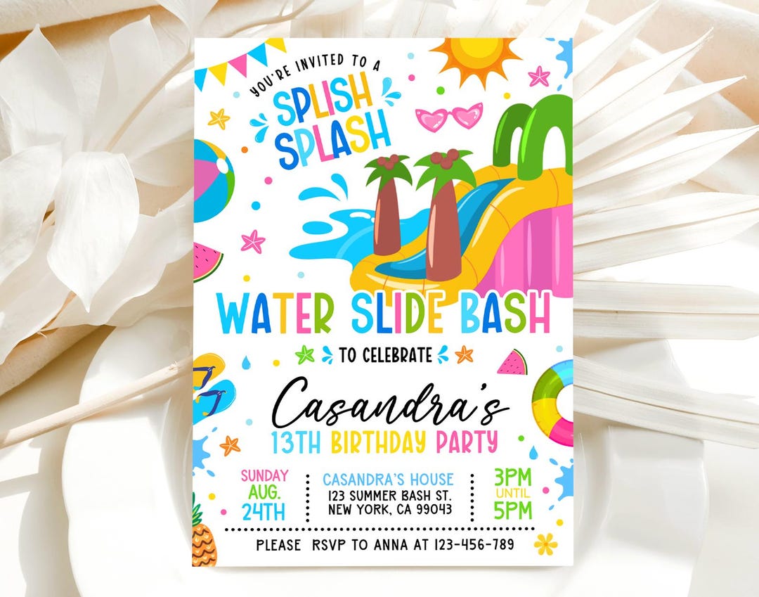 Girl Water Slide Birthday Invitation, Summer Pool Party Invitation ...