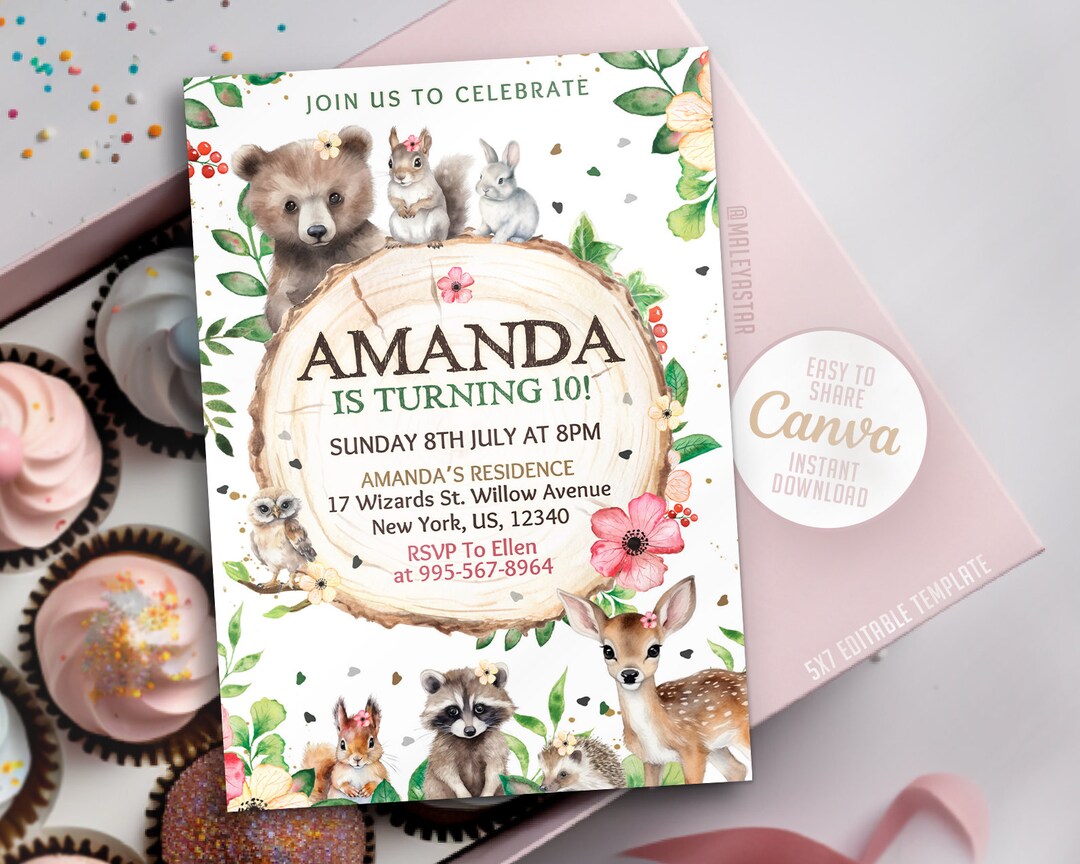 Editable Woodland Birthday Invitation Cute Forest Greenery - Etsy