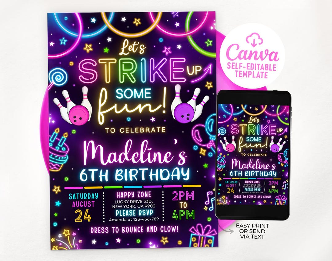 Bowling Birthday Invitation, Let's Strike up Some Fun Invite, Neon ...