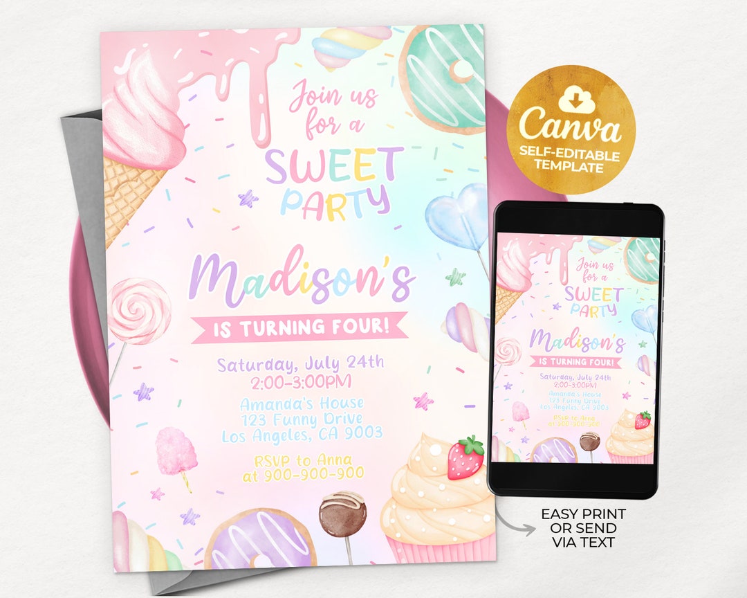 Sweet Party Invitation, EDITABLE Candy Land Party Invite, Sweets Candy ...