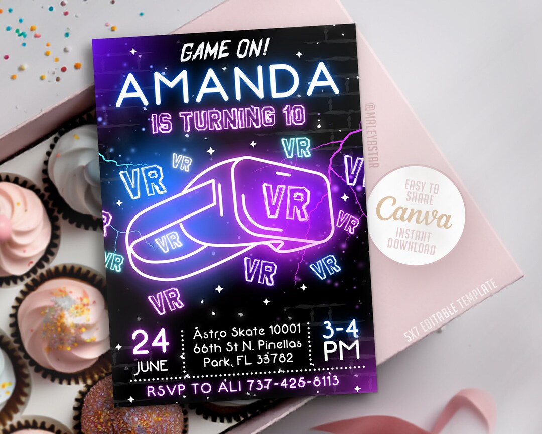 Vr Birthday Invitation Vr Invitation Neon Glow Virtual Reality Games