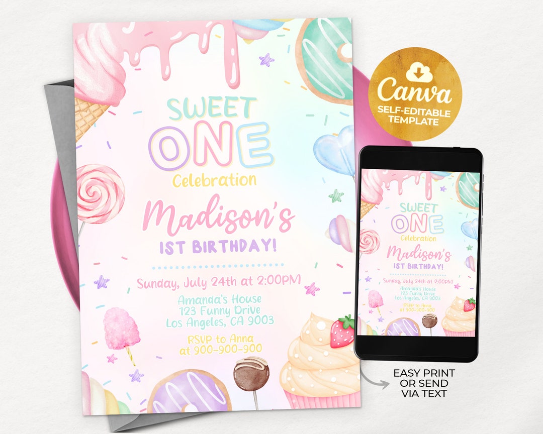Sweet One Birthday Invitation Pastel Sweets Invite Donut Candy Ice ...