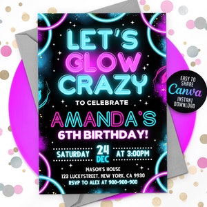 Glow Birthday Invitation Girls Glow Invitation Neon Glow Invitation ...
