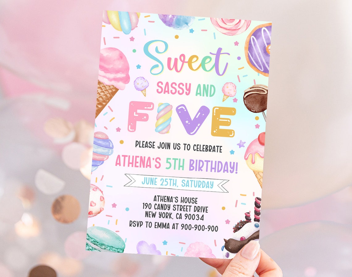 Sweet Sassy and Five Birthday Invitation, 5th Birthday Girl Donut ...