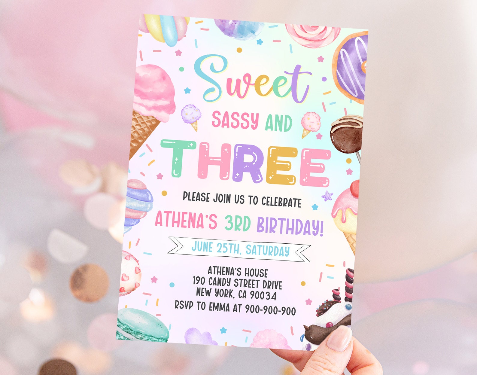 Sweet Three Birthday Invitation, 3rd Birthday Girl Donut Invitation ...