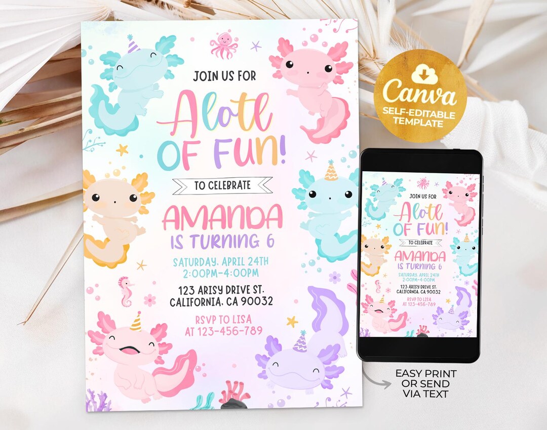 Invitación de cumpleaños de axolotl, invitación de cumpleaños de niña ...