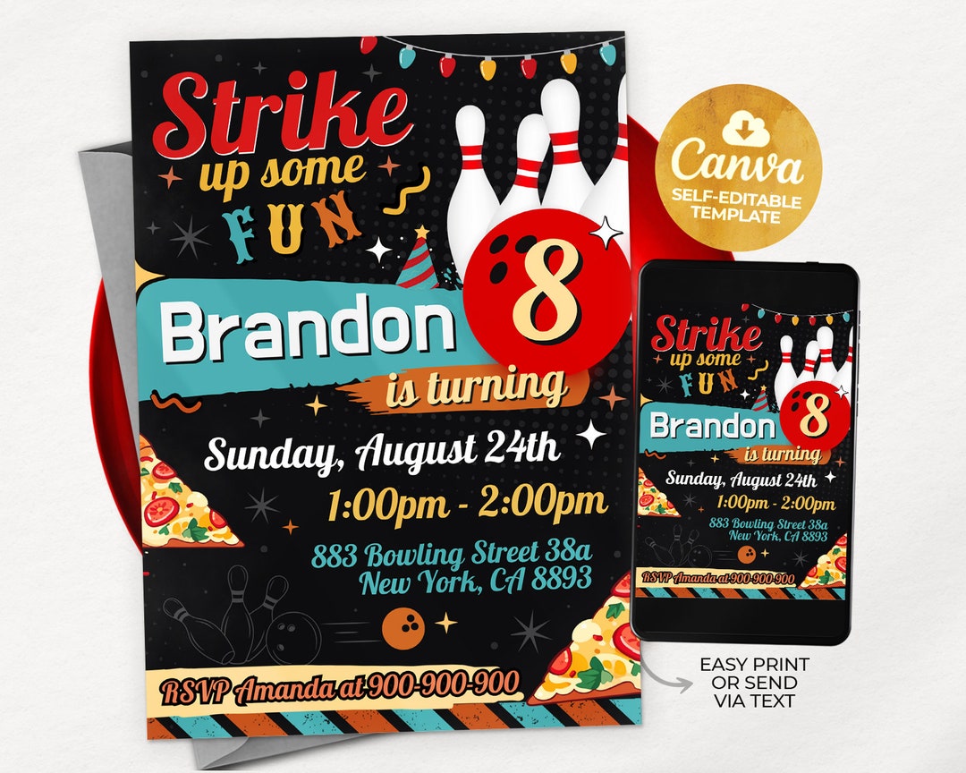 Editable Bowling Birthday Invitation, Retro Bowling Invitation, Bowling ...