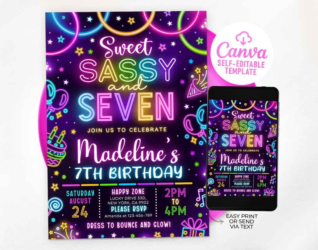 Sweet Sassy and Seven Birthday Invitation, 7th Birthday Invitation ...