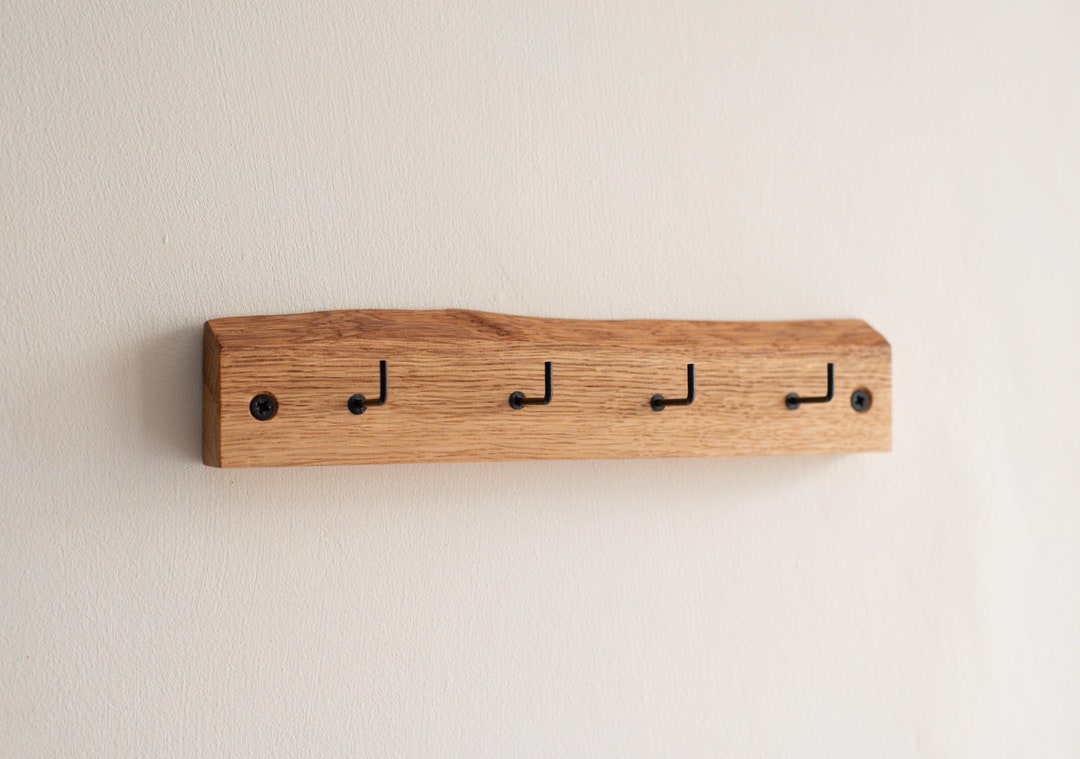 Wooden Key Hanger With Black Hooks, Oak Key Holder for Hallway, Live Edge Key Rack, Key ...
