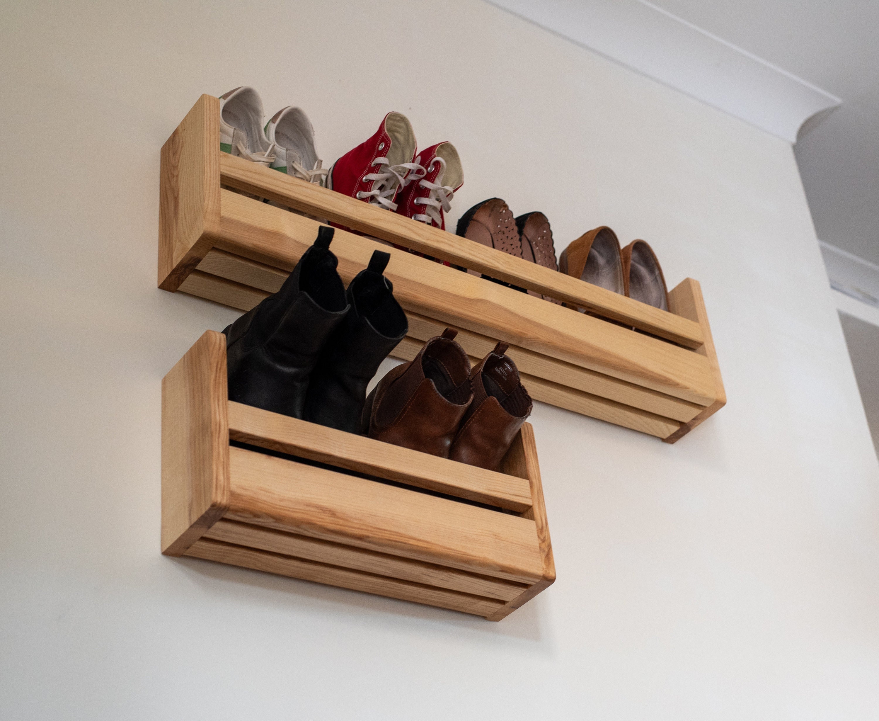 Wall Mounted Shoe Rack, Floating Shoe Storage in English Ash, Hallway ...