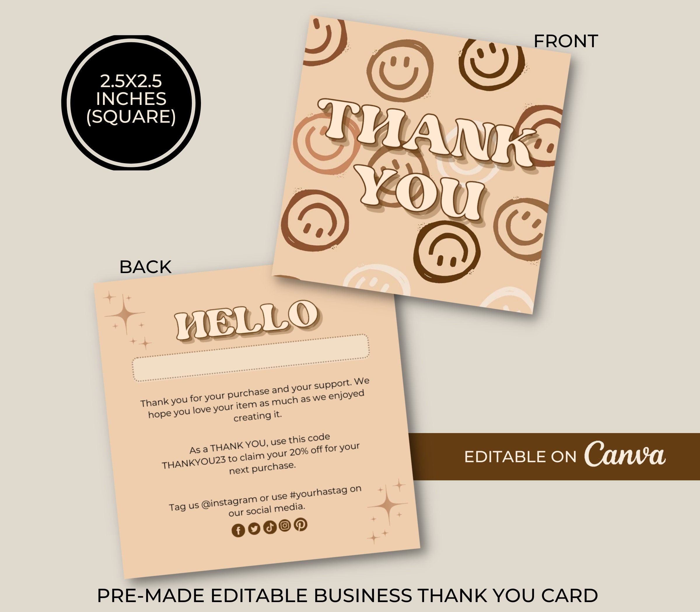 Editable Smiley Square Thank You Card for Small Businesses DIY Canva ...