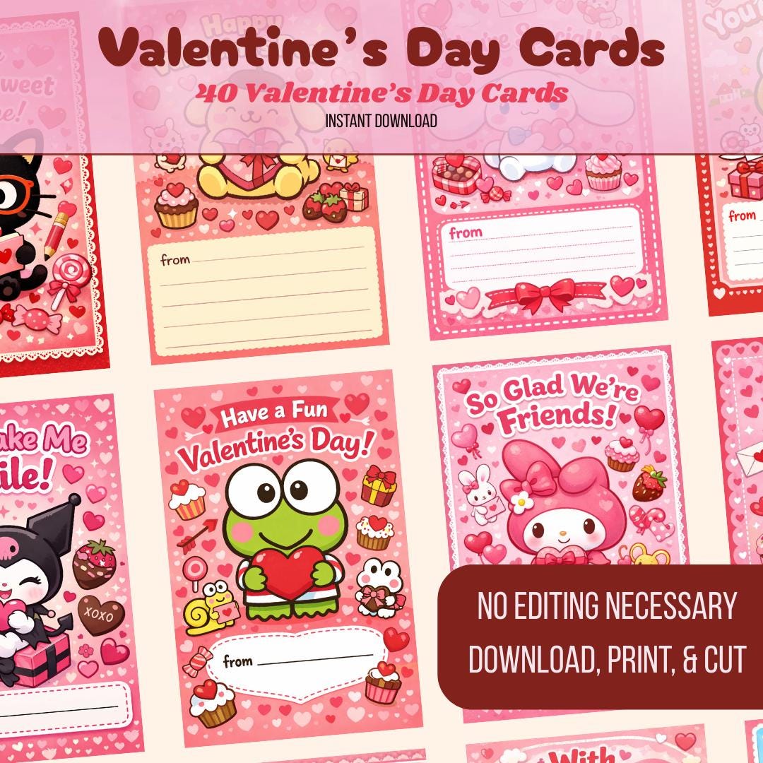 20+ Cute Kawaii Valentine Cards Set | Printable Valentine's Day Cards ...