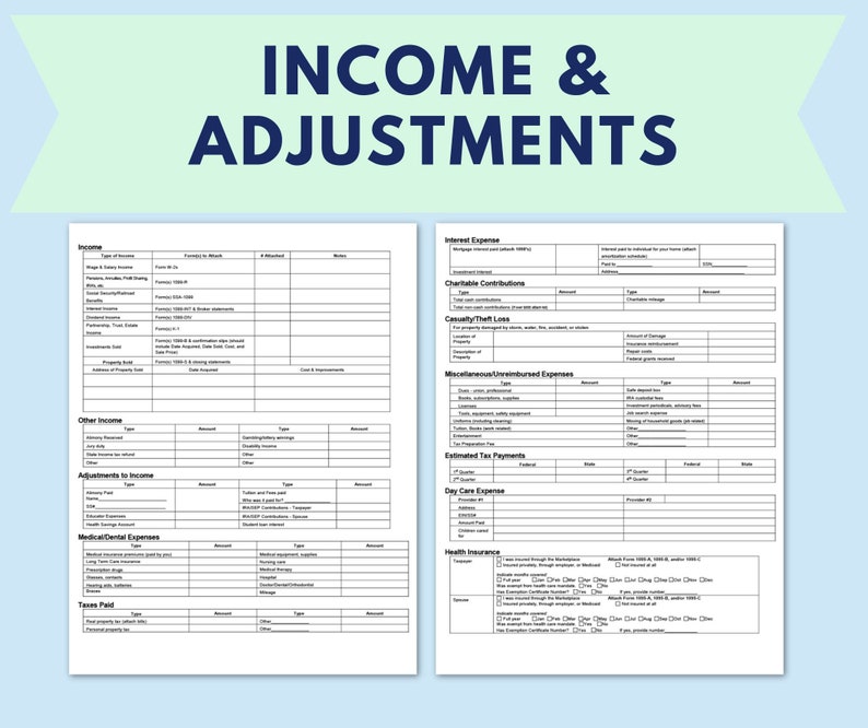 Individual Income Tax Organizers - 2024 Specific Version & Blank Year ...