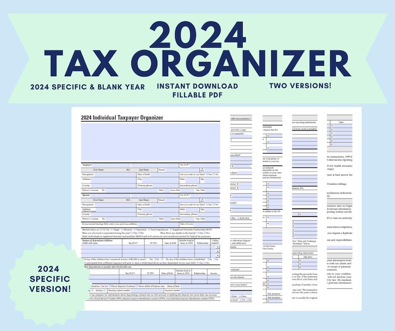 Individual Income Tax Organizers - 2024 Specific Version & Blank Year ...