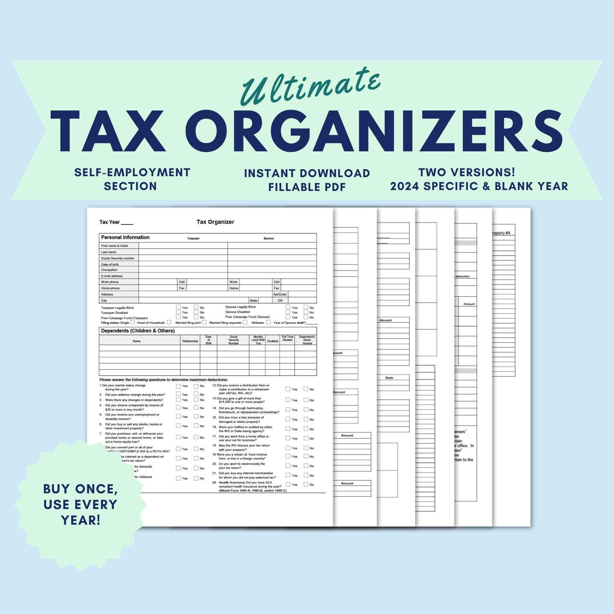 Individual Income Tax Organizers - 2024 Specific Version & Blank Year ...