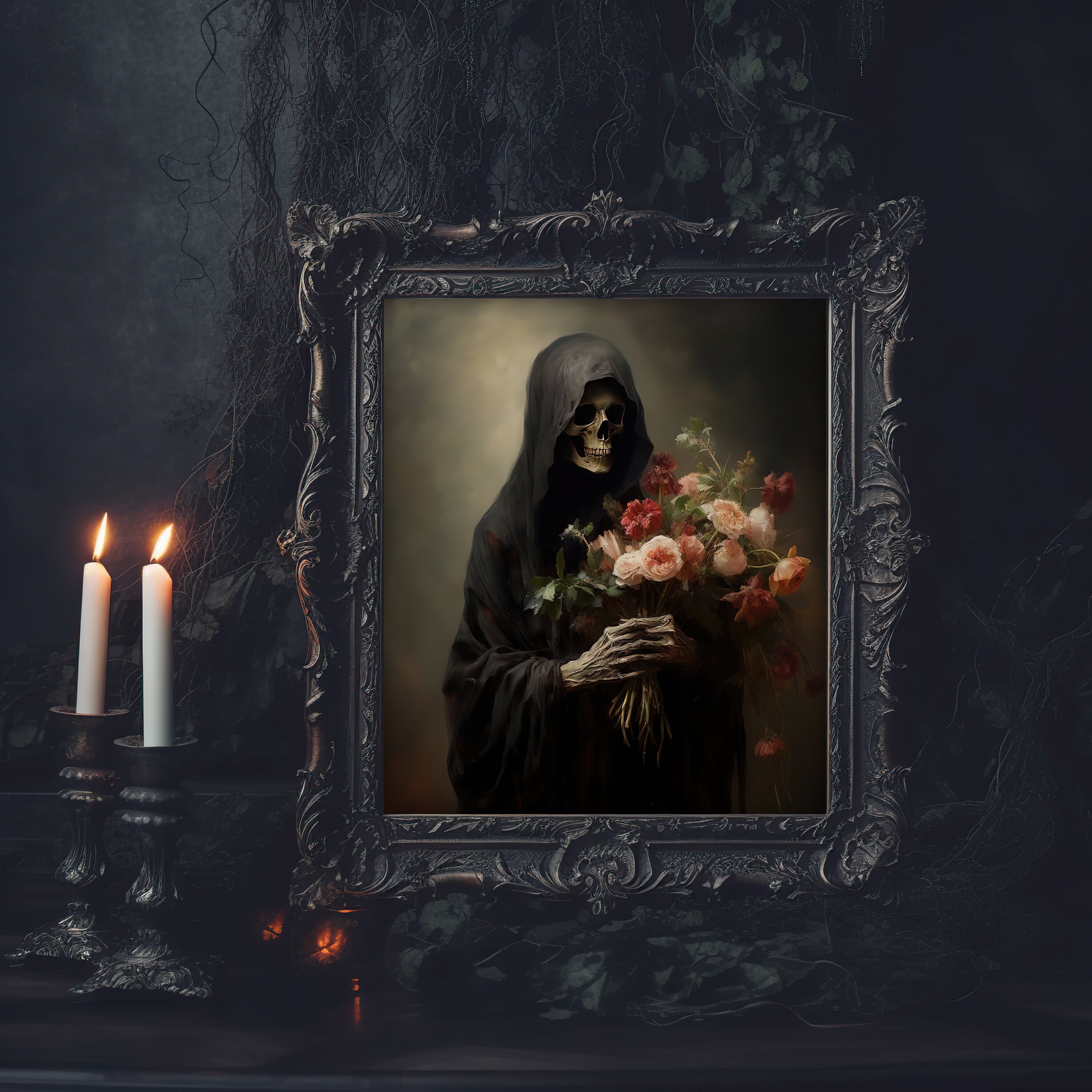 Skeleton Holding Flowers Art Poster Print Vintage Poster - Etsy