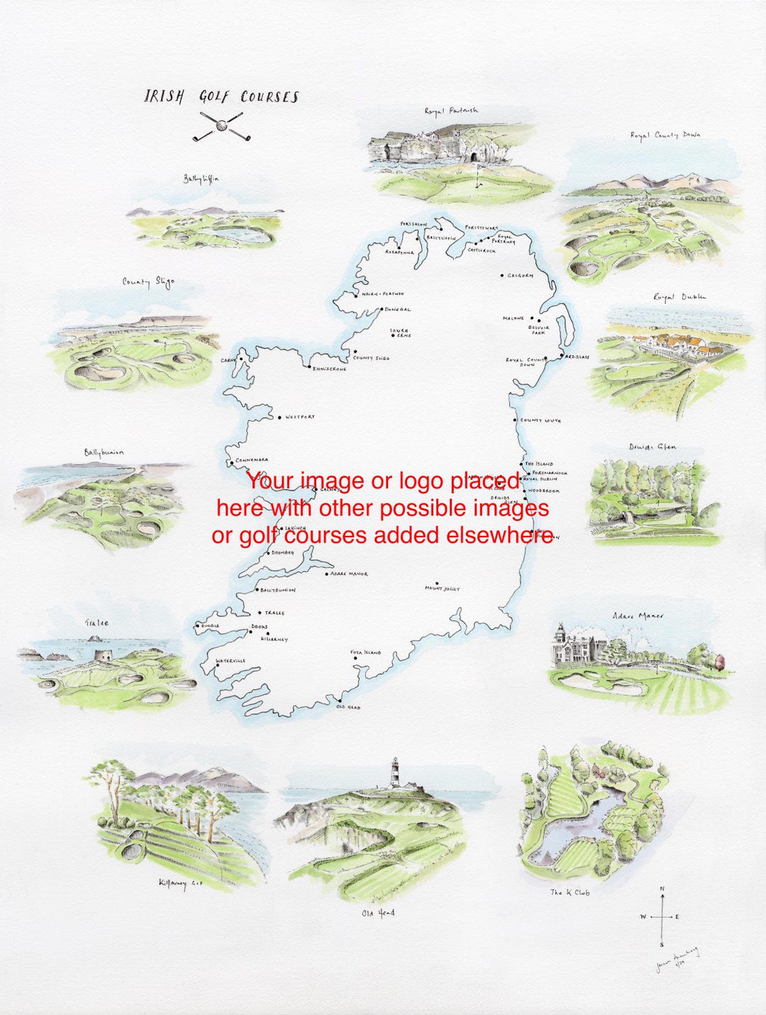 Irish Golf Courses Map Art Print, Personalized Illustration Available ...