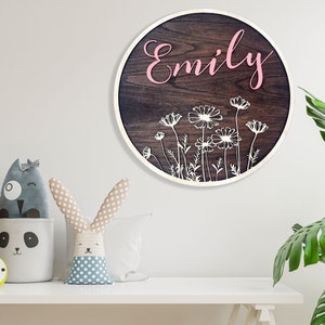 Round Flower 3D Wooden Name Sign for Nursery, Round Baby Name Sign ...