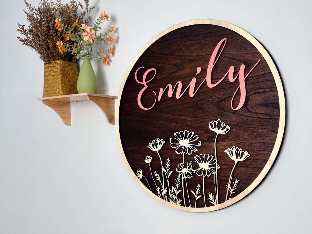 Round Flower 3D Wooden Name Sign for Nursery, Round Baby Name Sign ...
