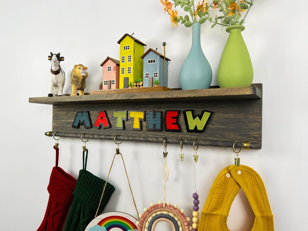 Custom Name Wooden Nursery Shelves With Hooks,personalized Nursery ...