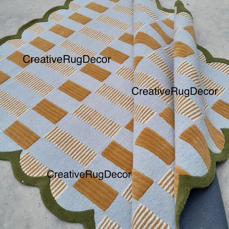 New Modern Scallop Border Design Light Blue Hand Tufted 4x6 5x8 6x9 ...