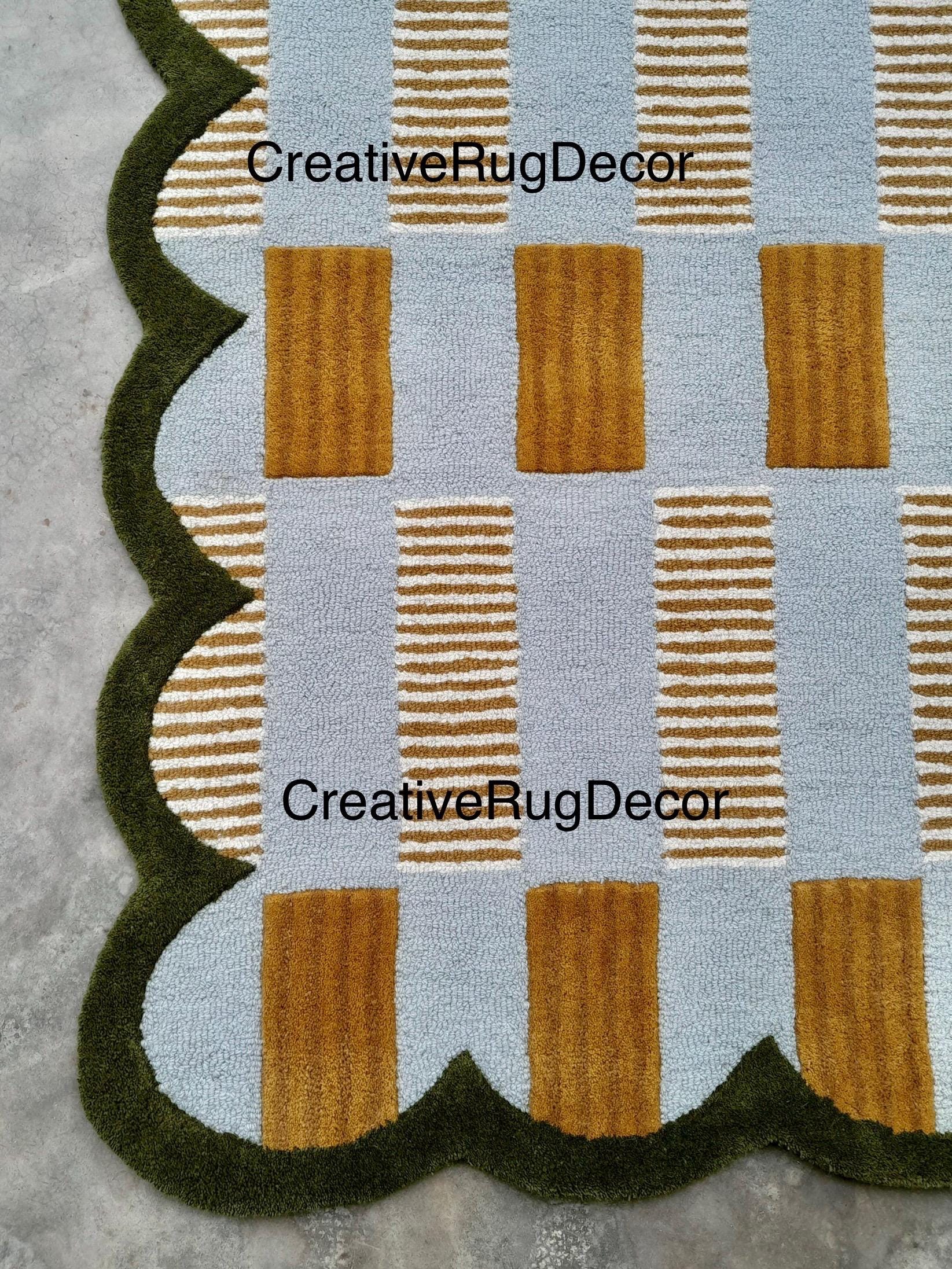 New Modern Scallop Border Design Light Blue Hand Tufted 4x6 5x8 6x9 ...