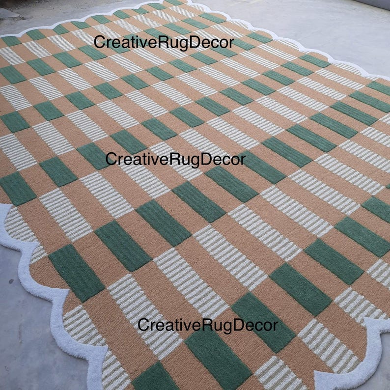 Modern Scallop Border Design Matilda Green Hand Tufted 4x6 5x8 6x9 8x10 ...