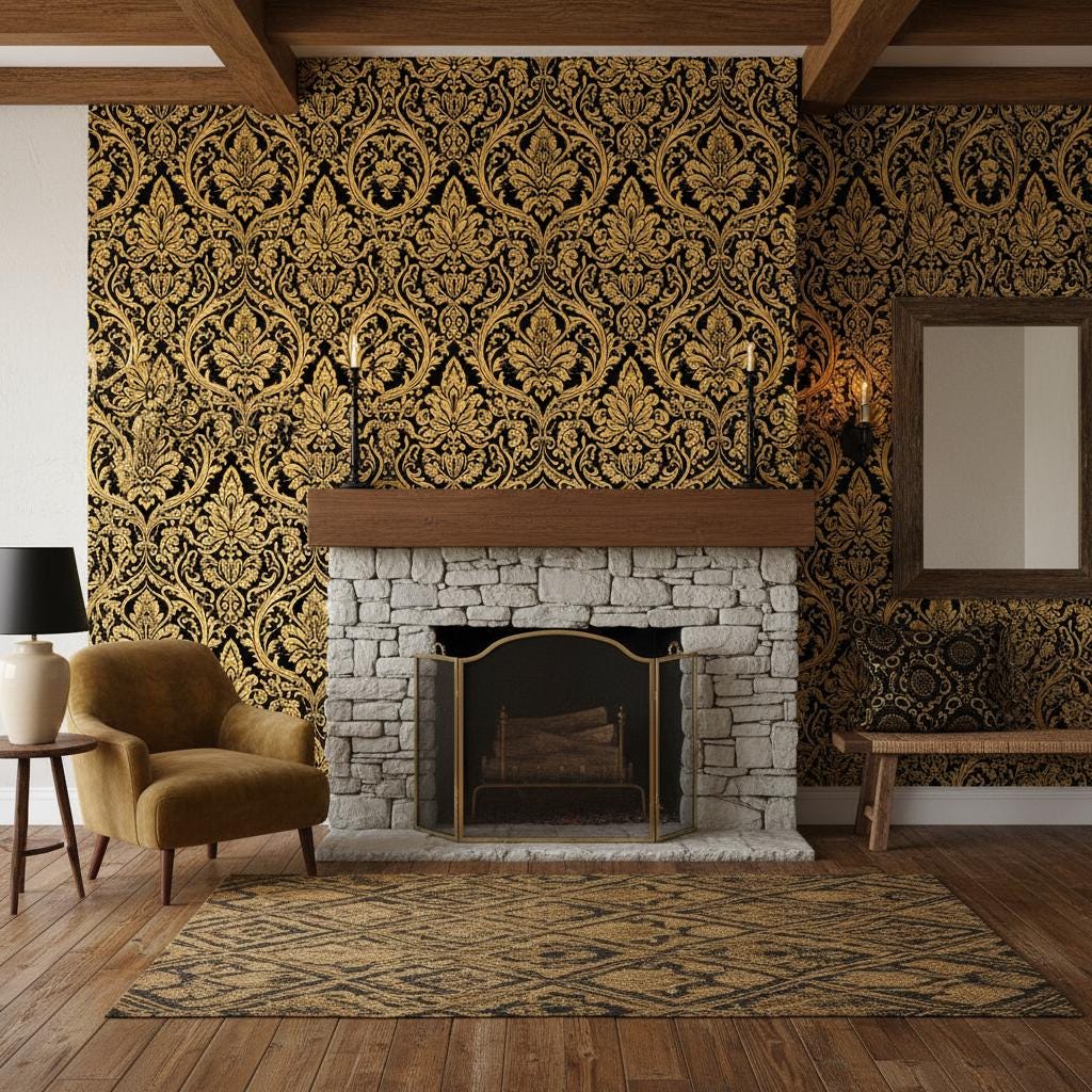 Luxury Black & Gold Damask Wallpaper | Classic Opulent Pattern Mural - Etsy