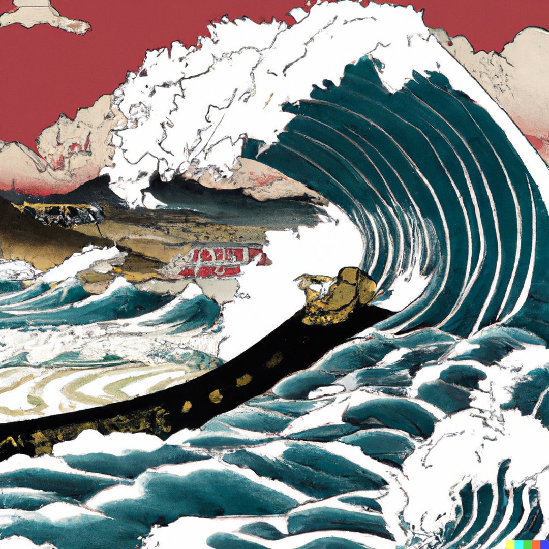 Japanese Art Print of a Giant Wave, Ukiyo-e Style Japanise Print of ...