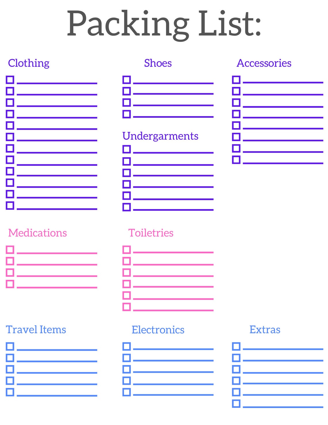 Printable Packing Checklist |blank Vacation Packing List Printable ...