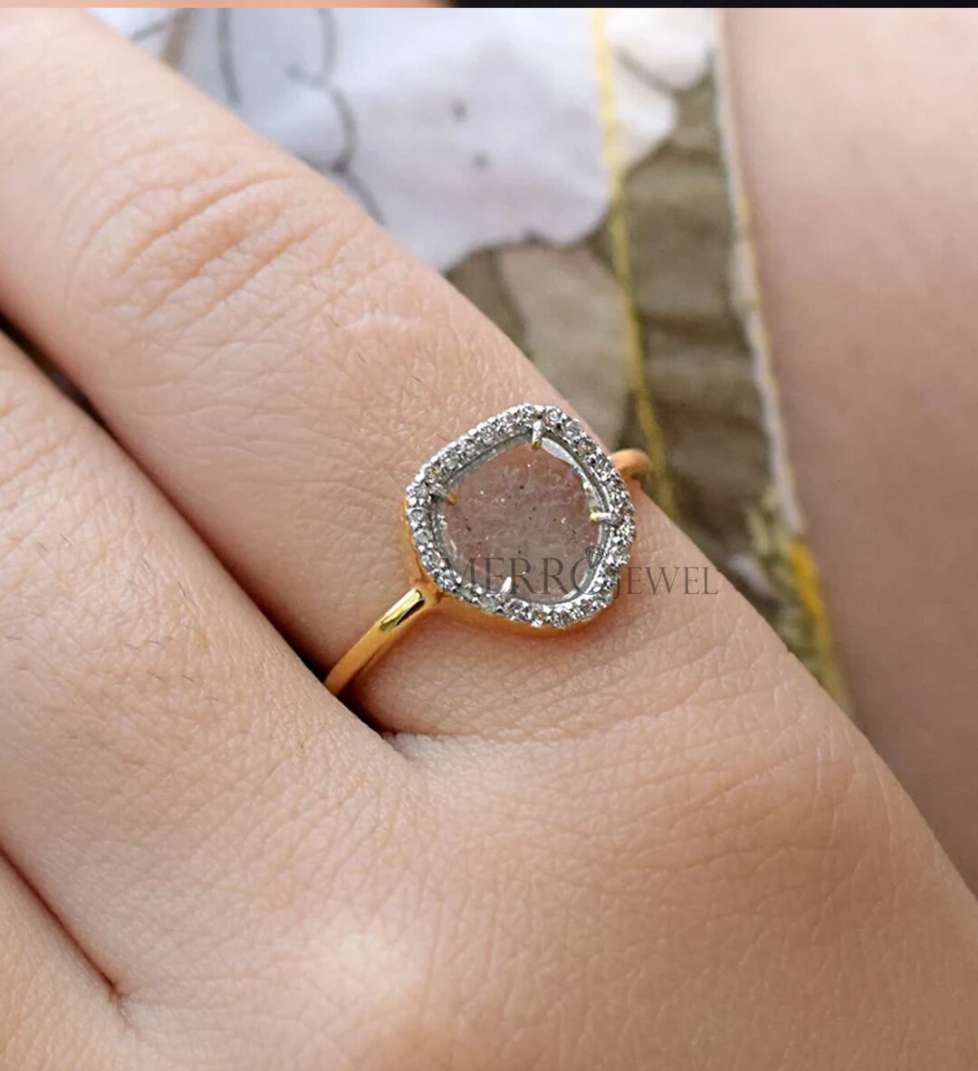 Diamond Slice Ring Dainty Diamond Wedding Ring Polki and Pave Diamond ...