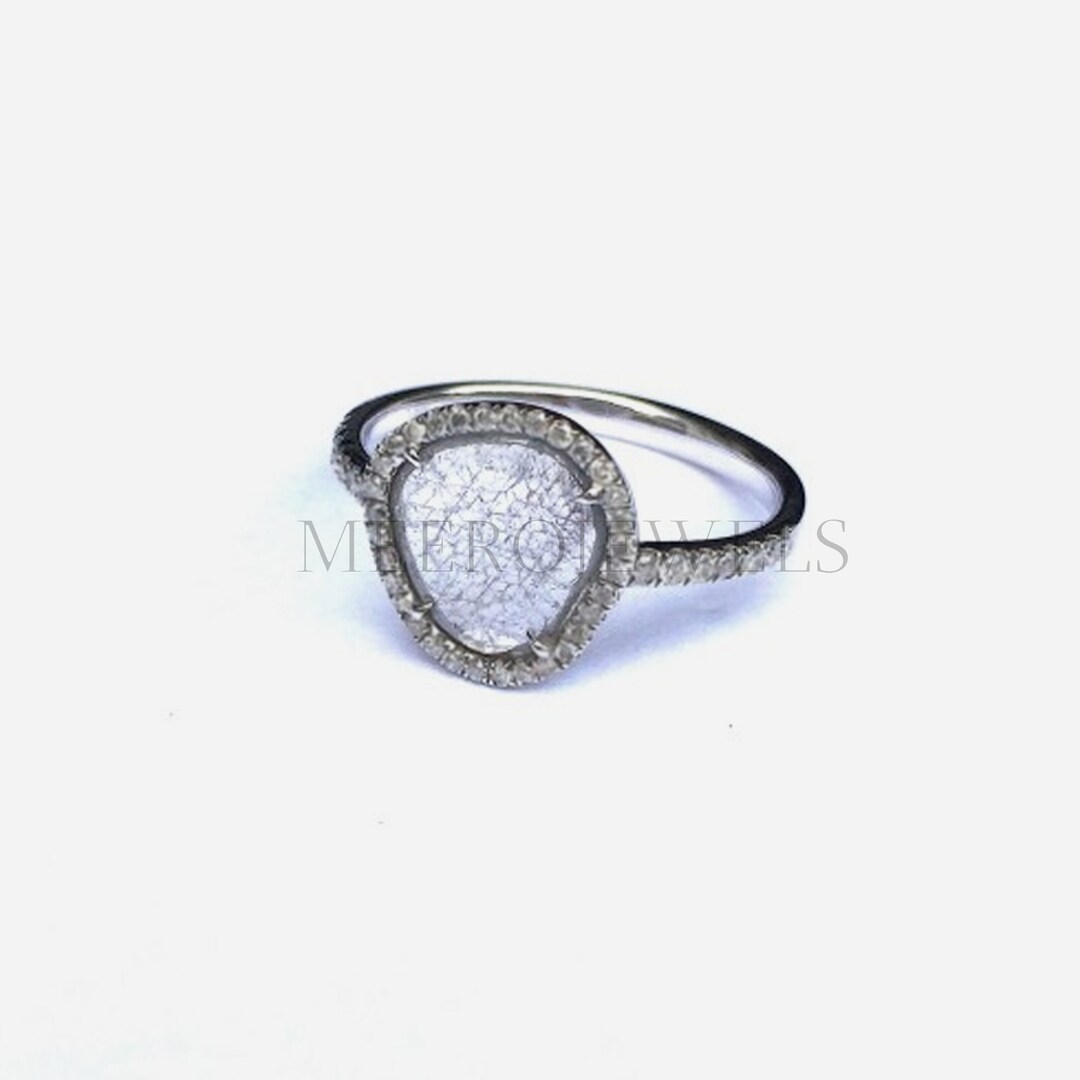 Oxidized Diamond Slice Ring Pave Diamond Ring Oxidized Polki Diamond ...