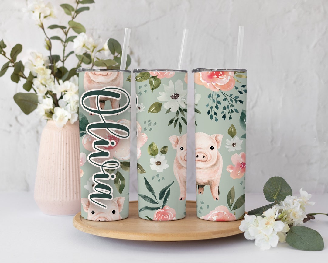 Mint Pig Tumbler, Floral Pig Tumbler, Girly Farm Animal Cup - Etsy