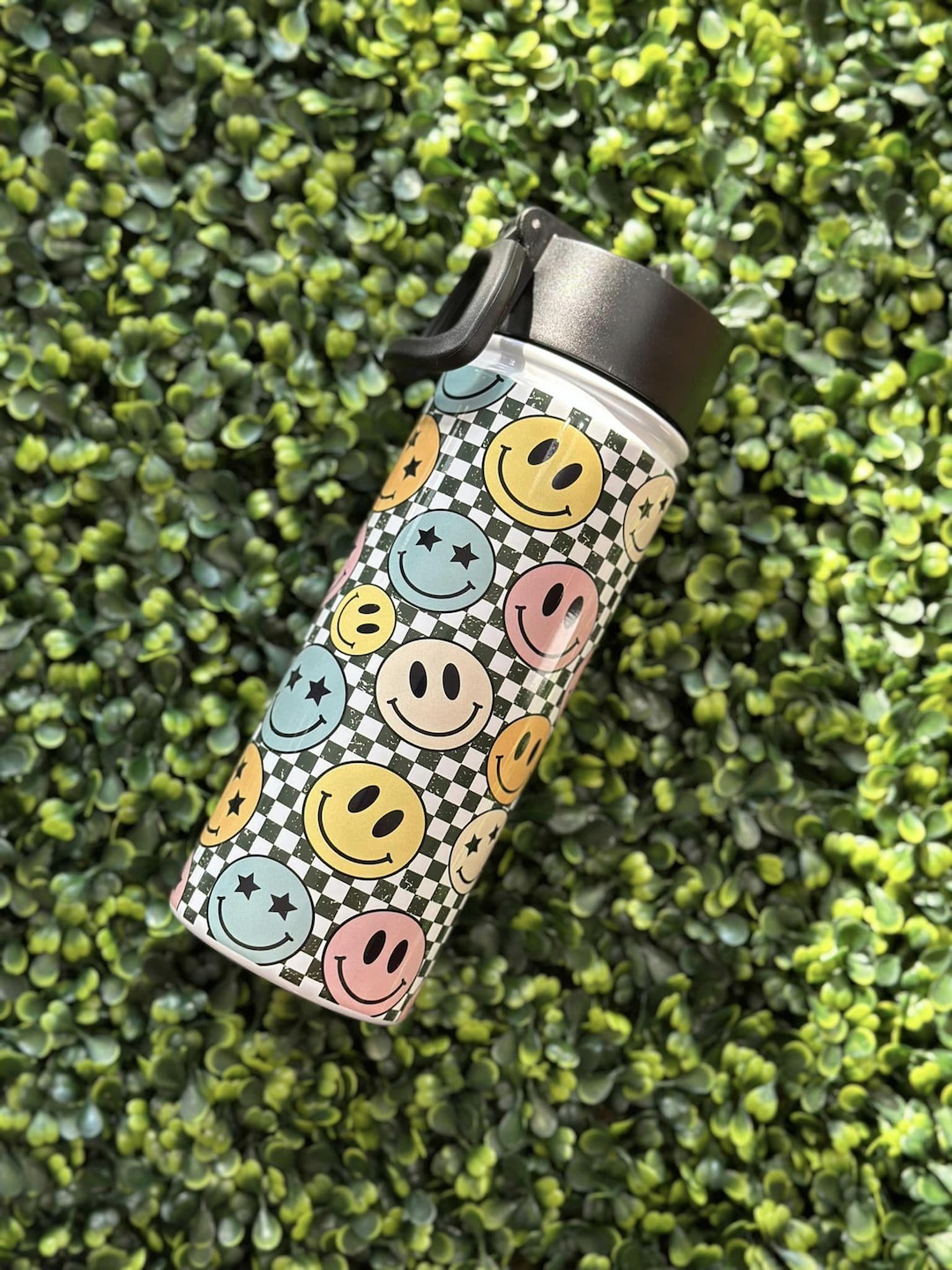 Retro Smiley Face Checkered Waterbottle | Trendy & Fun Reusable Drink ...