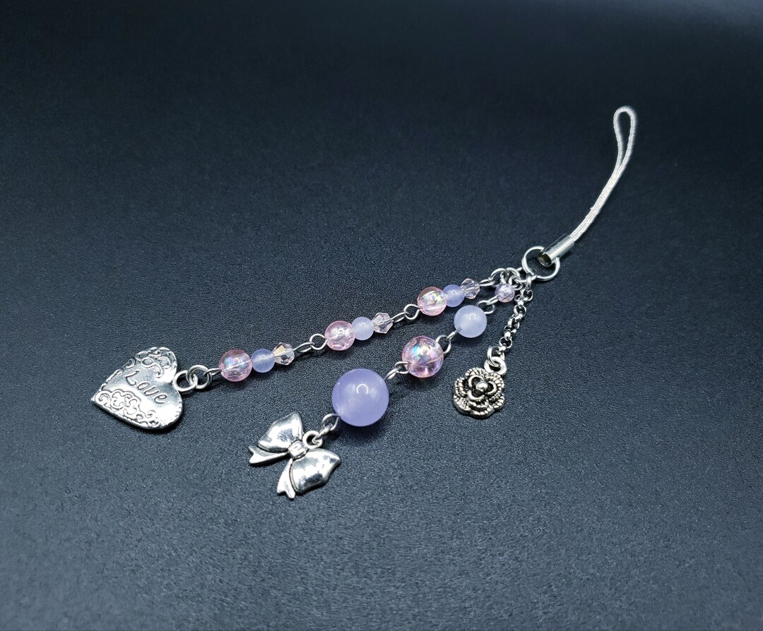 Heart, Bow, and Rose Phone Charm With Purple Quartzite and Iridescent ...