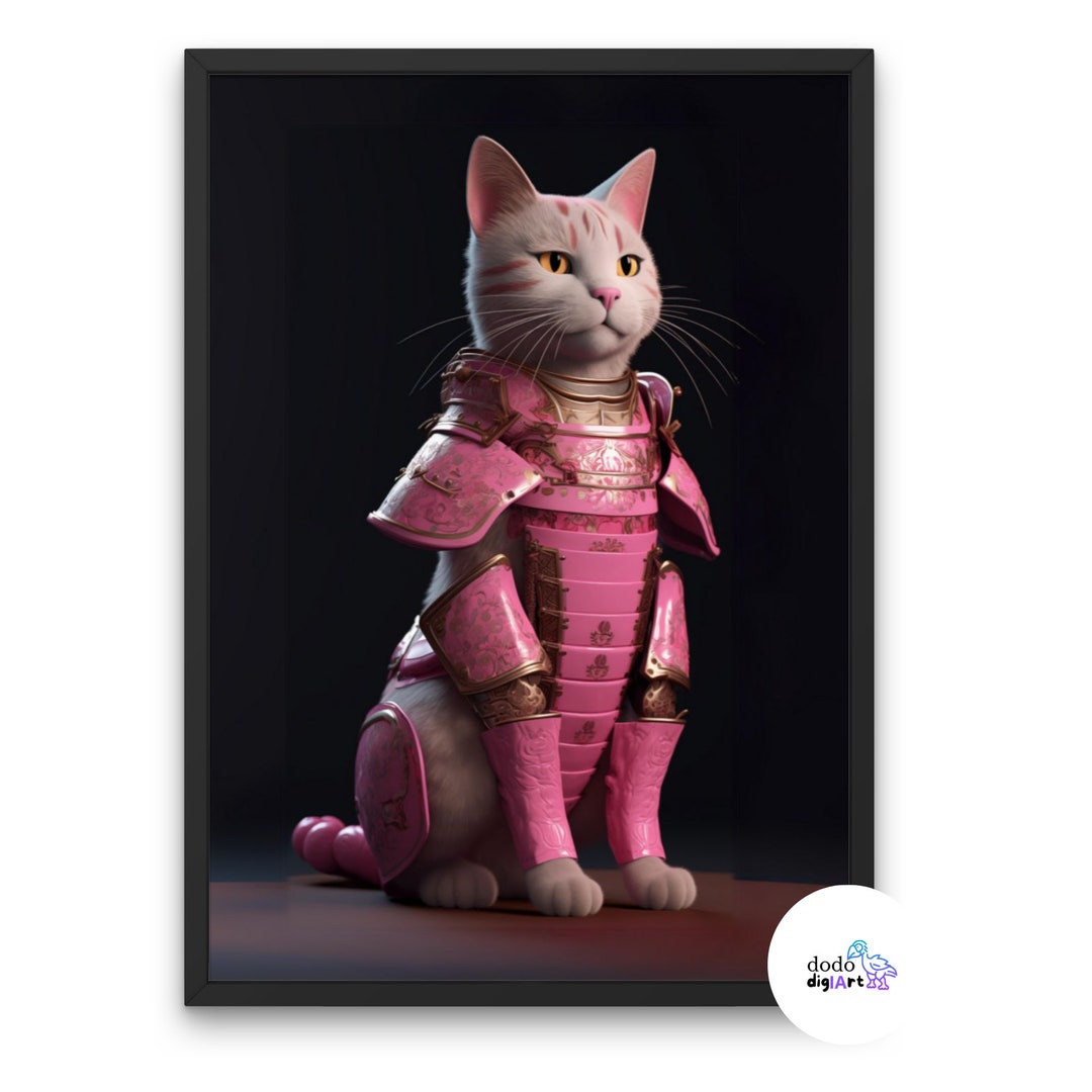 Hyper-realistic Samurai Cat | Digital Download | Pink Samurai Cat Wall ...