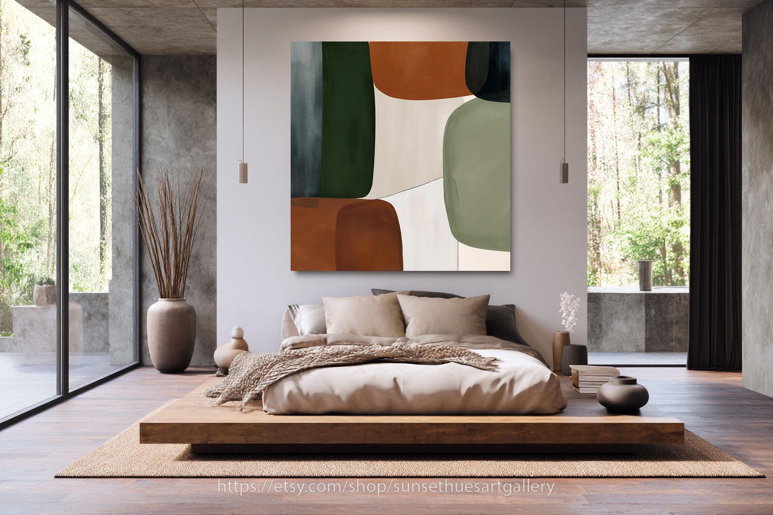 Deep Green & Terracotta Abstract Art, Vertical Japandi Painting for ...
