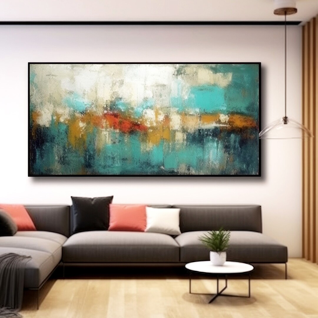 Teal Abstract Canvas Painting, Large Horizontal Wall Art, Modern ...